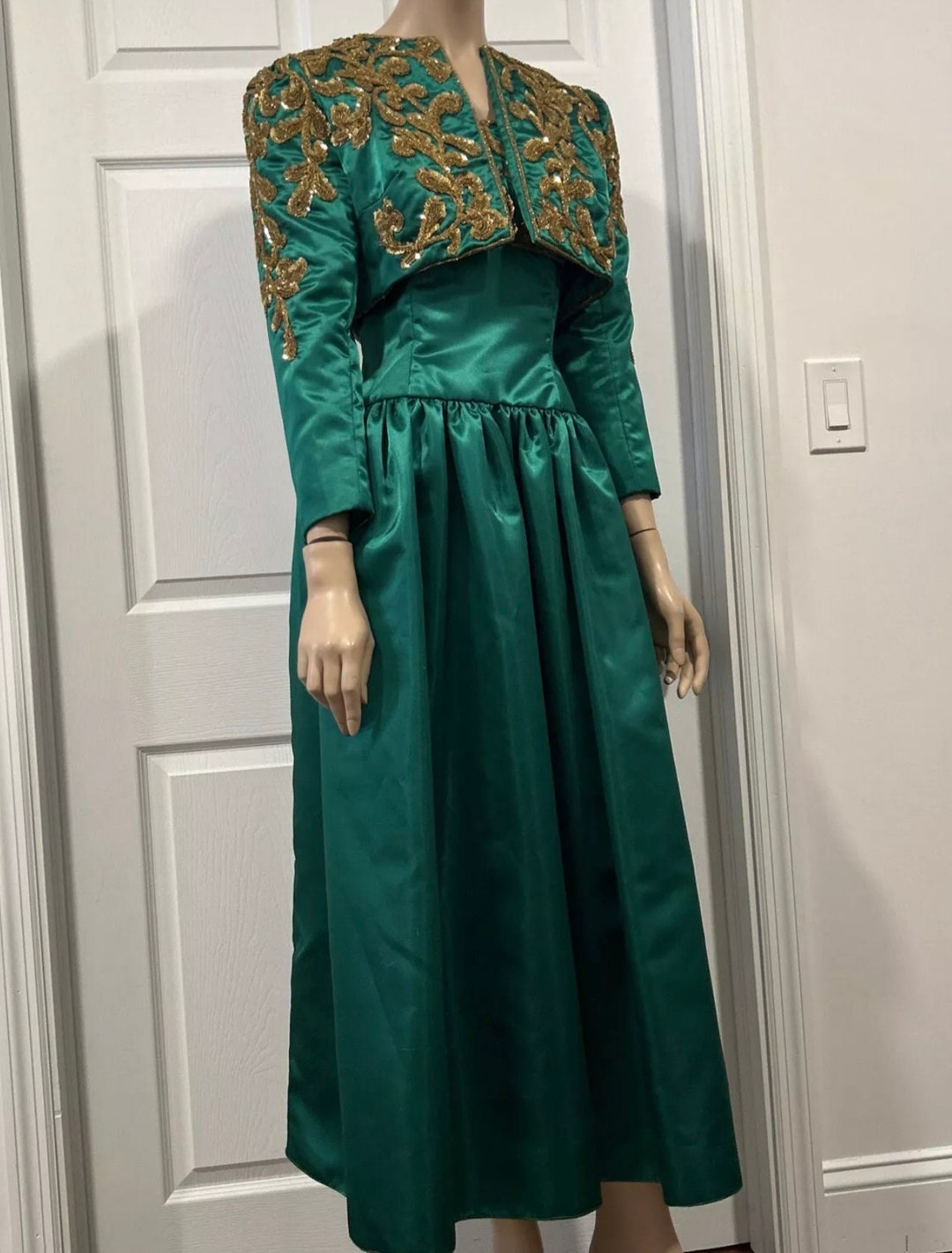 Vintage Mike Benet Emerald Green With Gold Sequin Satin Dress With ...