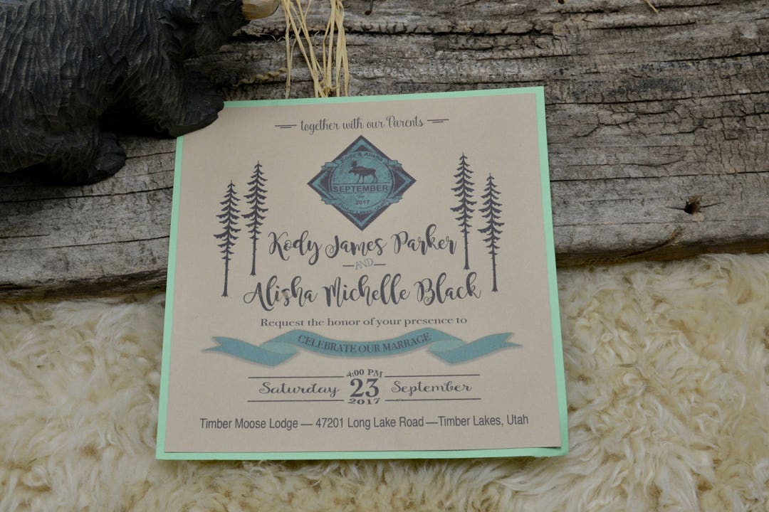 Printable Wedding Invitations Mountains Trees Moose Woods Rustic Unique ...