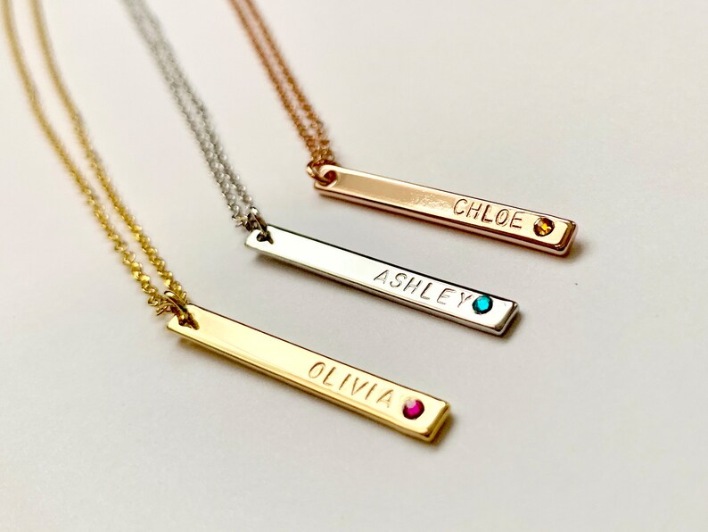 Personalized Bar Necklace Birthstone Necklace Vertical Bar Etsy Uk