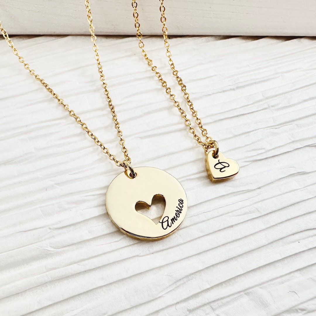 Personalized Mother Daughter Necklace Set: Engraved Heart Jewelry, Name ...