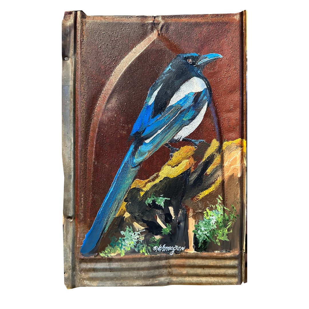 MAGPIE - Acrylic Painting on Vintage Roofing Tin - Etsy