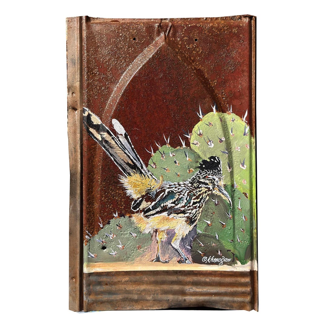 ROADRUNNER IN CACTUS - Acrylic Painting on Vintage Roofing Tile - Etsy