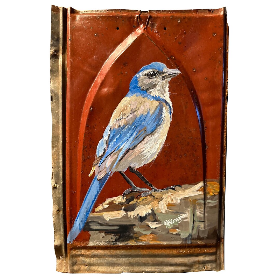 SCRUB JAY Acrylic Painting on Vintage Roofing Tile - Etsy