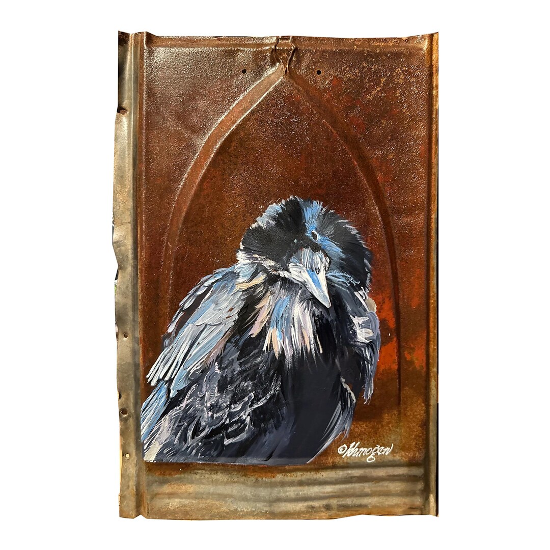 SHY RAVEN Acrylic Painting on Vintage Roof Tin - Etsy