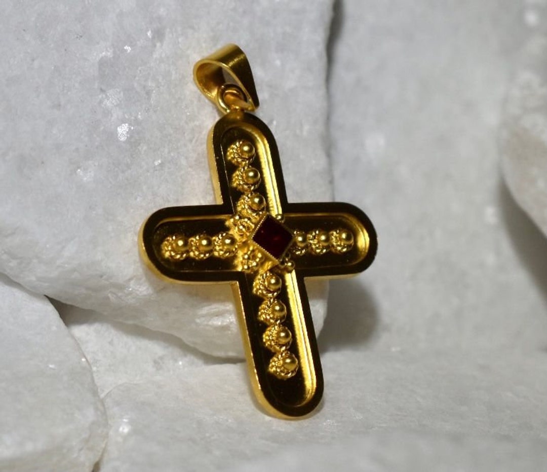 18K Solid Gold Cross, Handmade in Greece With Genuine Ruby - Etsy