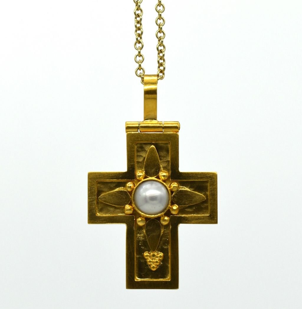 18K Gold Byzantine Style Cross With Center Pearl Handmade in | Etsy