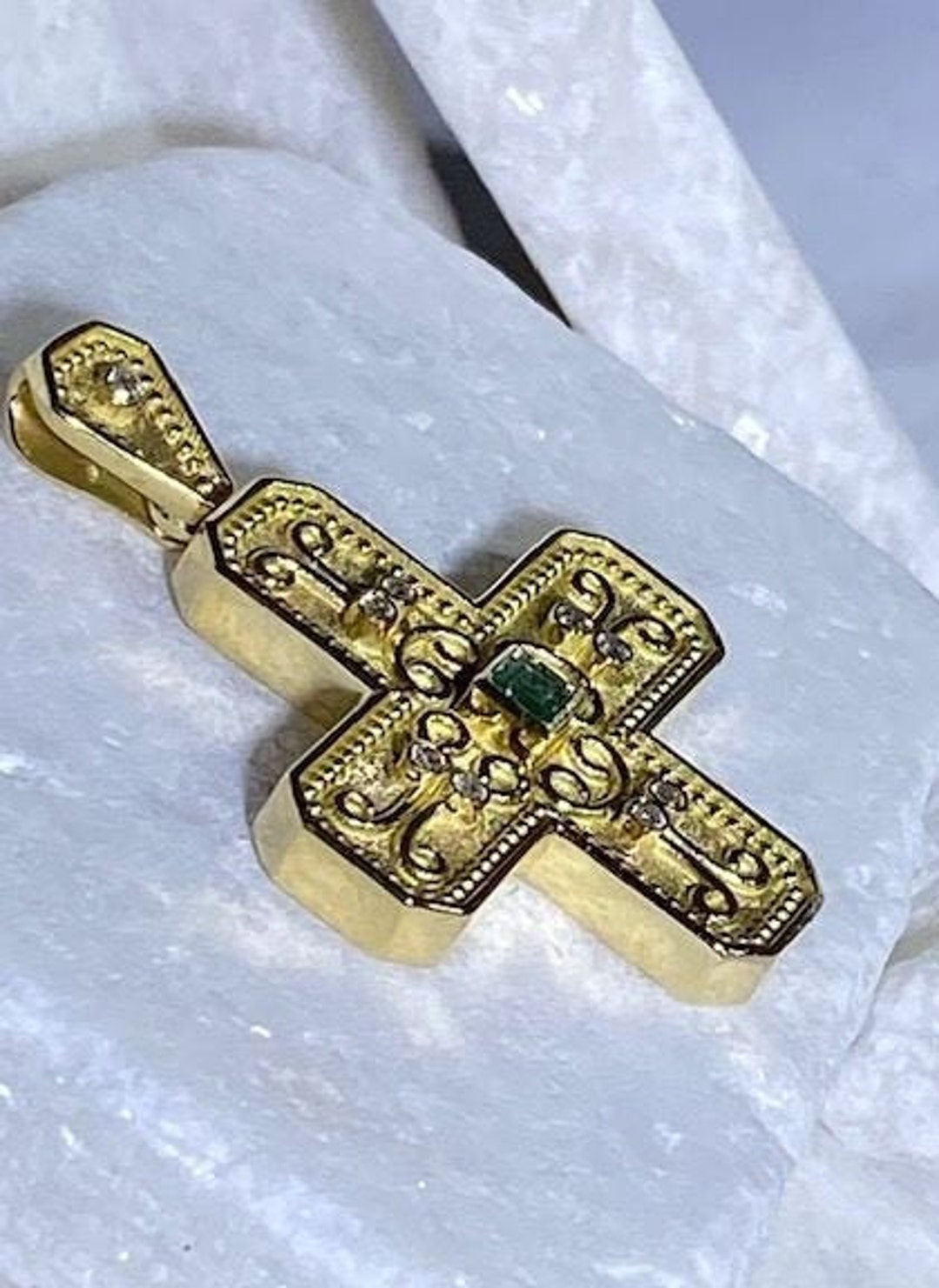 18K Gold Handmade Byzantine Style Cross With Center Emerald and ...