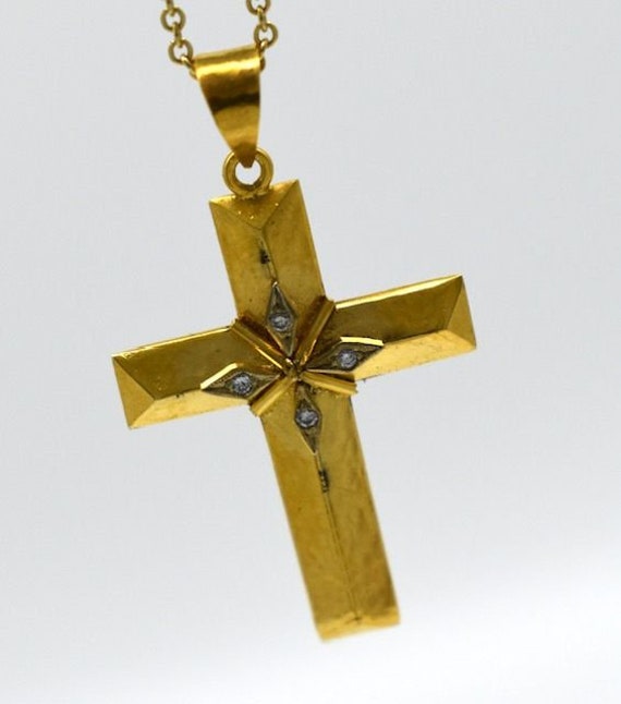 18K Gold Cross Prism Shape With Center Diamond Details - Etsy