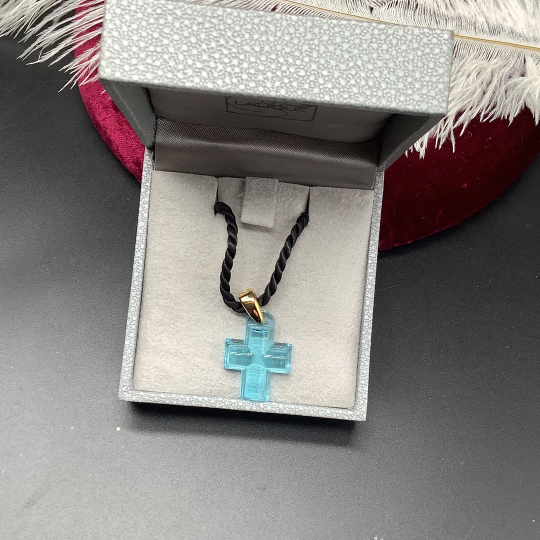 Signed Lalique French Designer Crystal Glass Clear Blue Cross Pendant ...