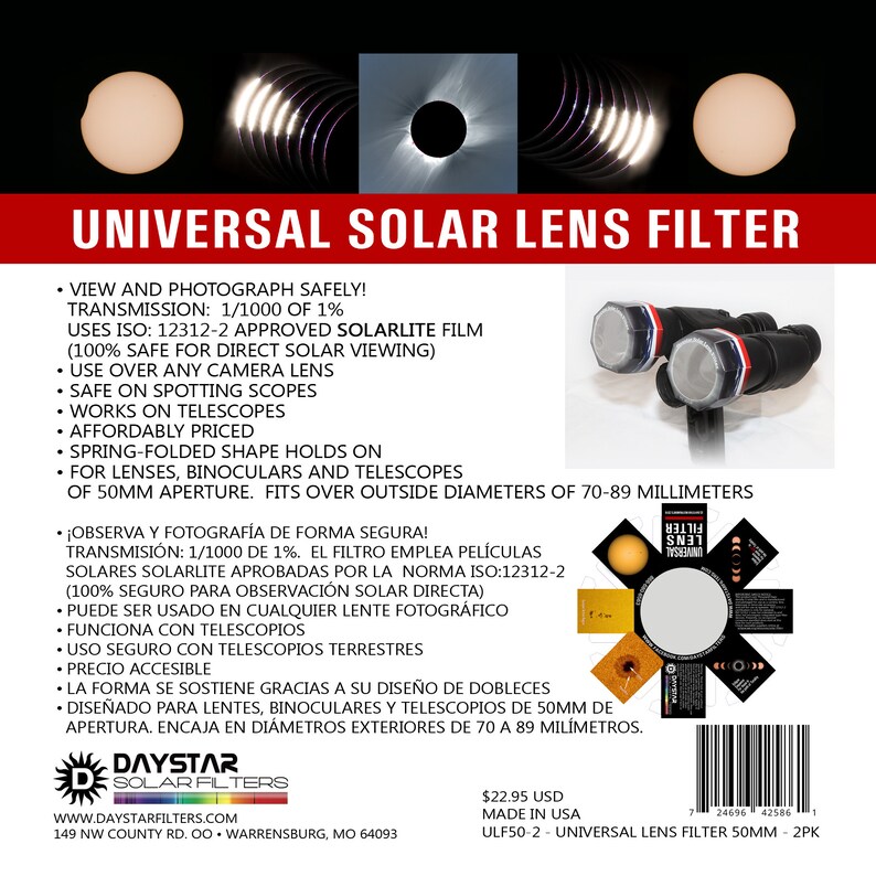 Universal Lens Filter Binocular Pack - 50mm 2pk - Safe Solar Eclipse Universal Lens Filter for ...