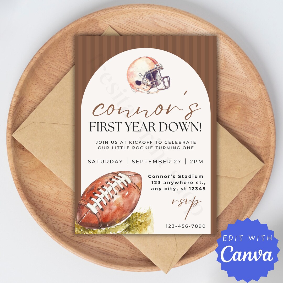 Football First Birthday Invitation: Watercolor Design (canva Template ...