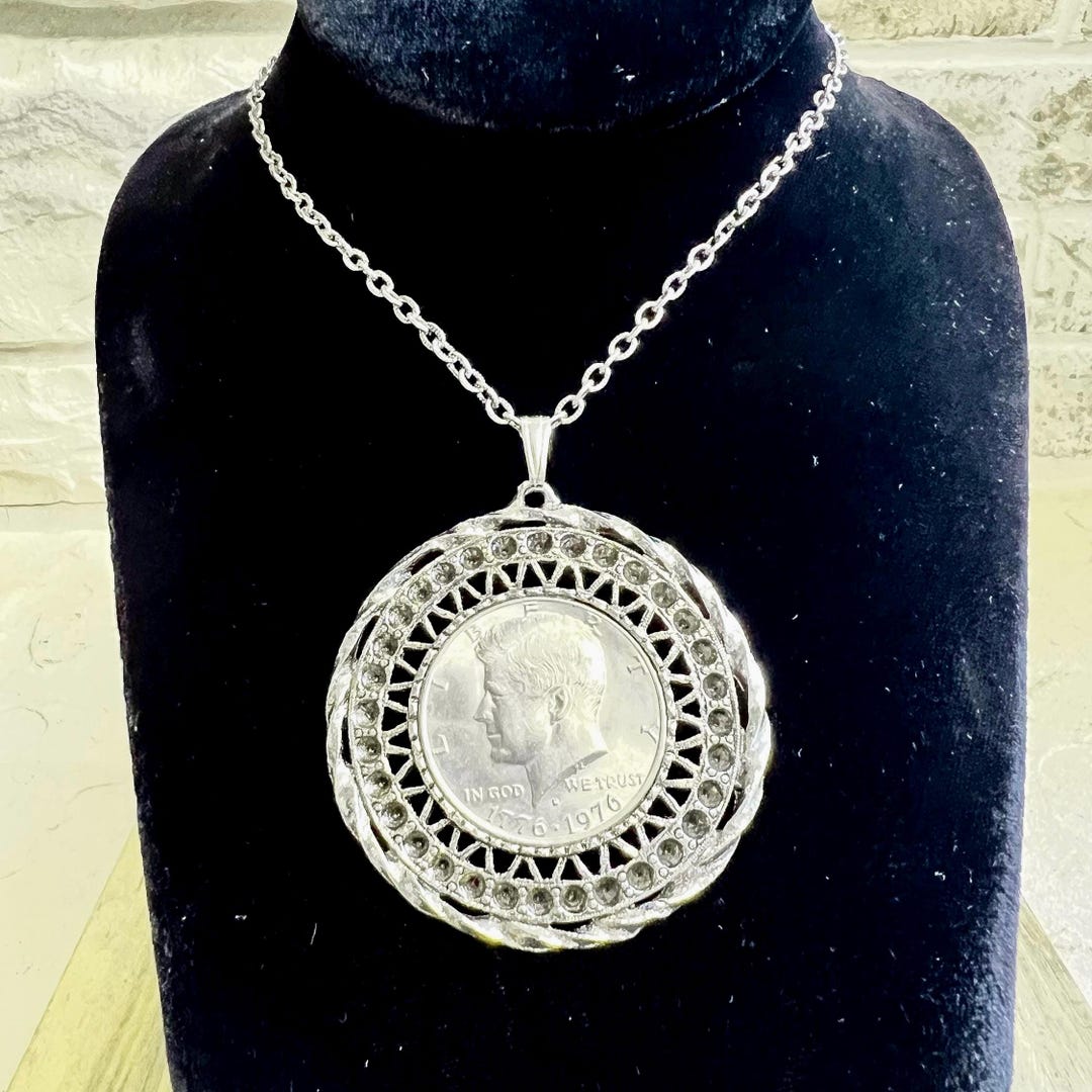 1776-1976 John F Kennedy Bicentennial Half Dollar Pendant on Metal ...