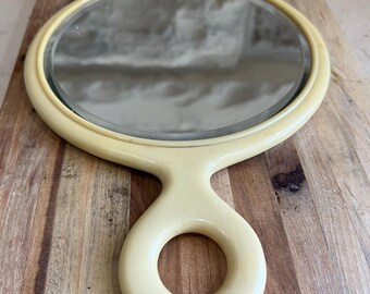 Vintage Round Beveled Glass Celluloid Hand Mirror With Loop Handle, RHS ...