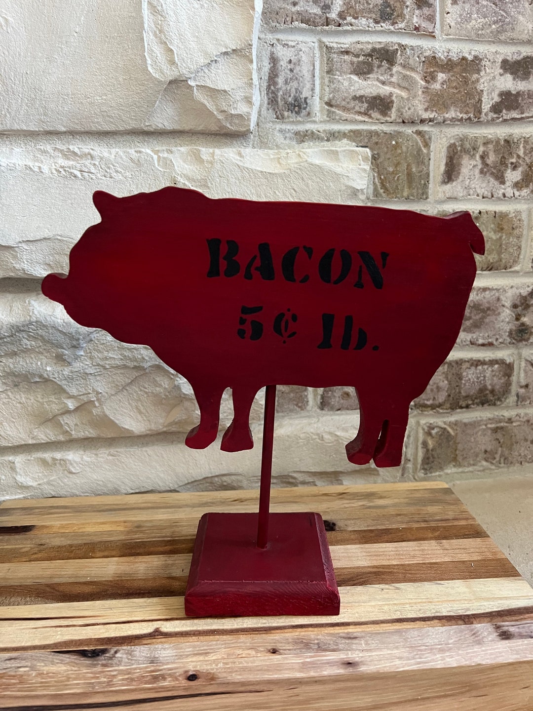 Wooden Pig Sign ~ Cute Red Wooden Pig on Stand ~ Farmhouse Country ...