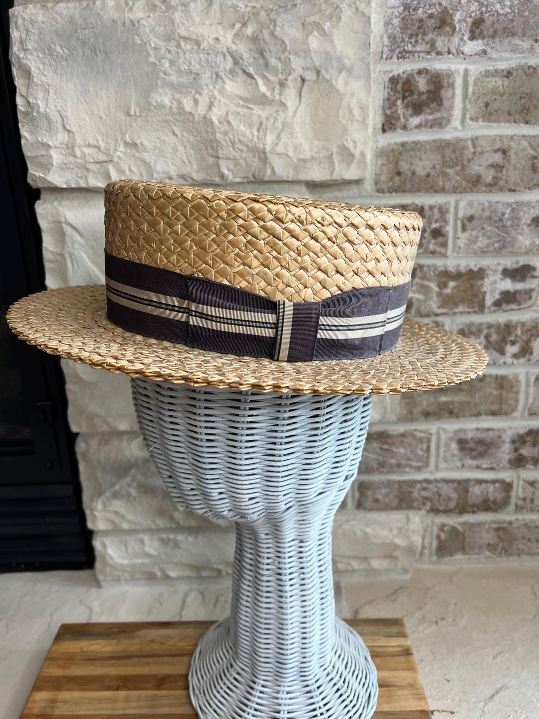 Vintage Straw Boater Hat by the Roswell Hat Co. - Flat Crown Skimmer ...