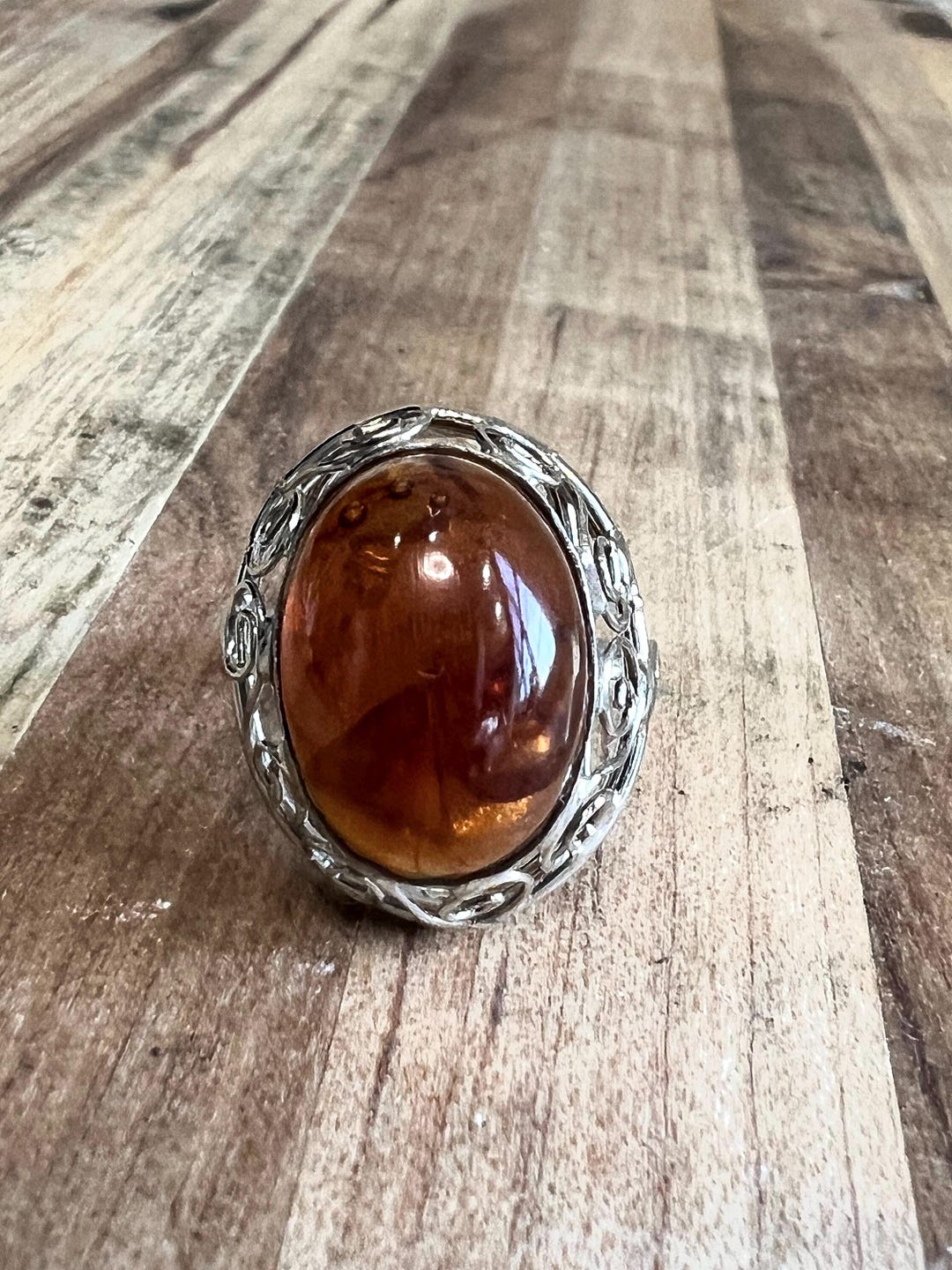 Authentic Amber Ring With a Silver Floral Design. Vintage Amber Ring - Etsy