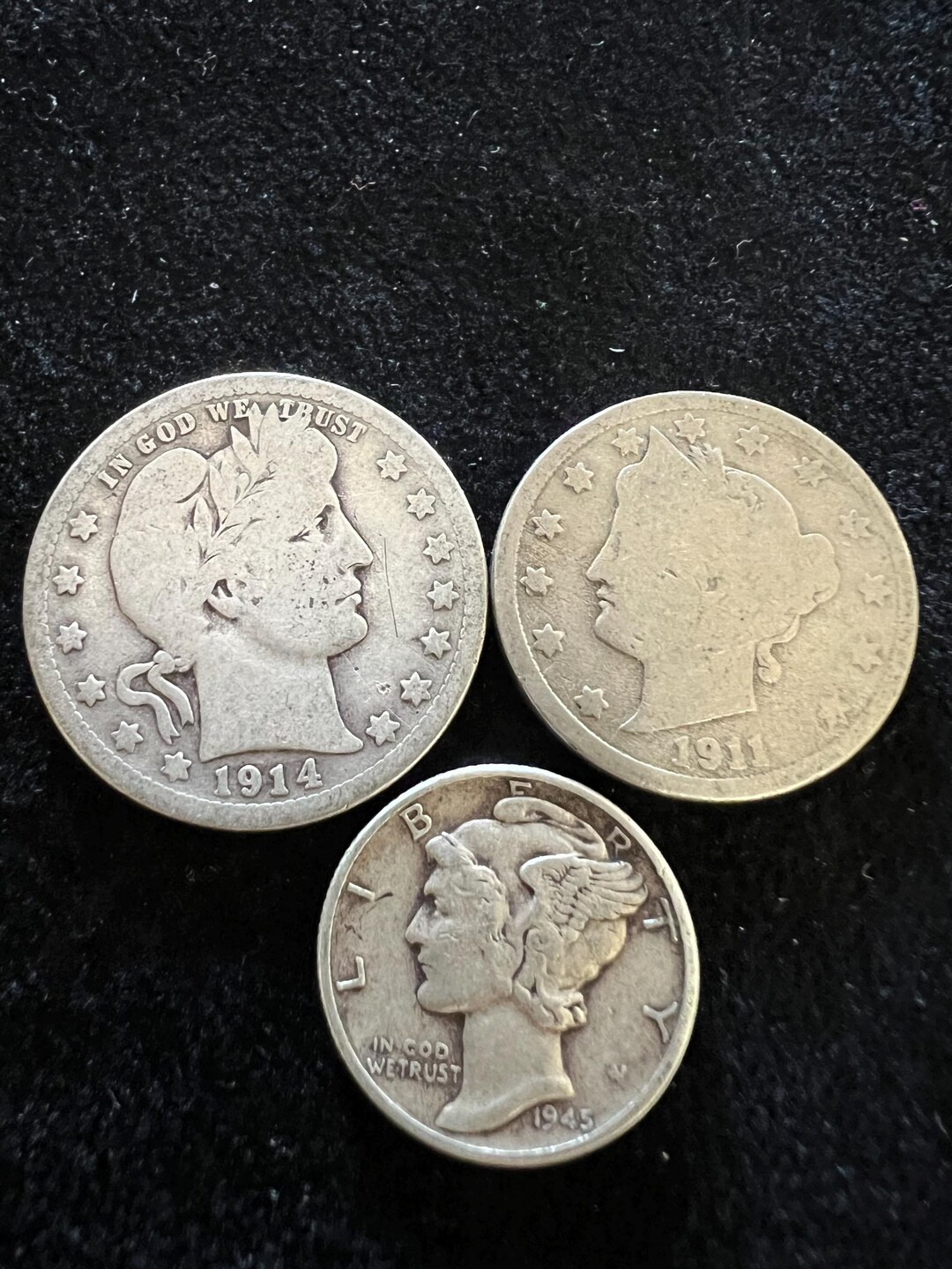 Antique U.S. Coin Set - 1914 Barber Quarter, 1945 Mercury Dime, 1911 ...