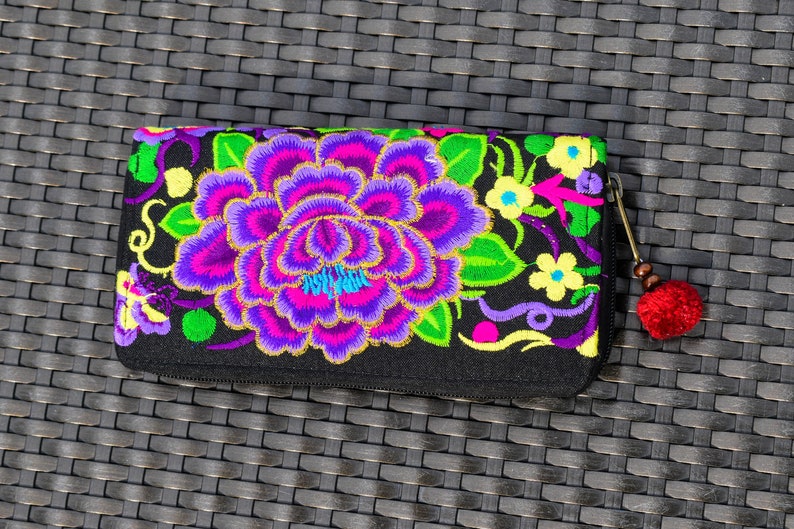 Floral fabric wallet purple embroidery Hippie Wallet | Etsy