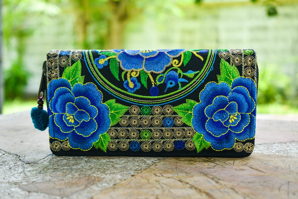 Blue Hmong Fabric Wallet Embroidery Flowers Hippie Wallet - Etsy