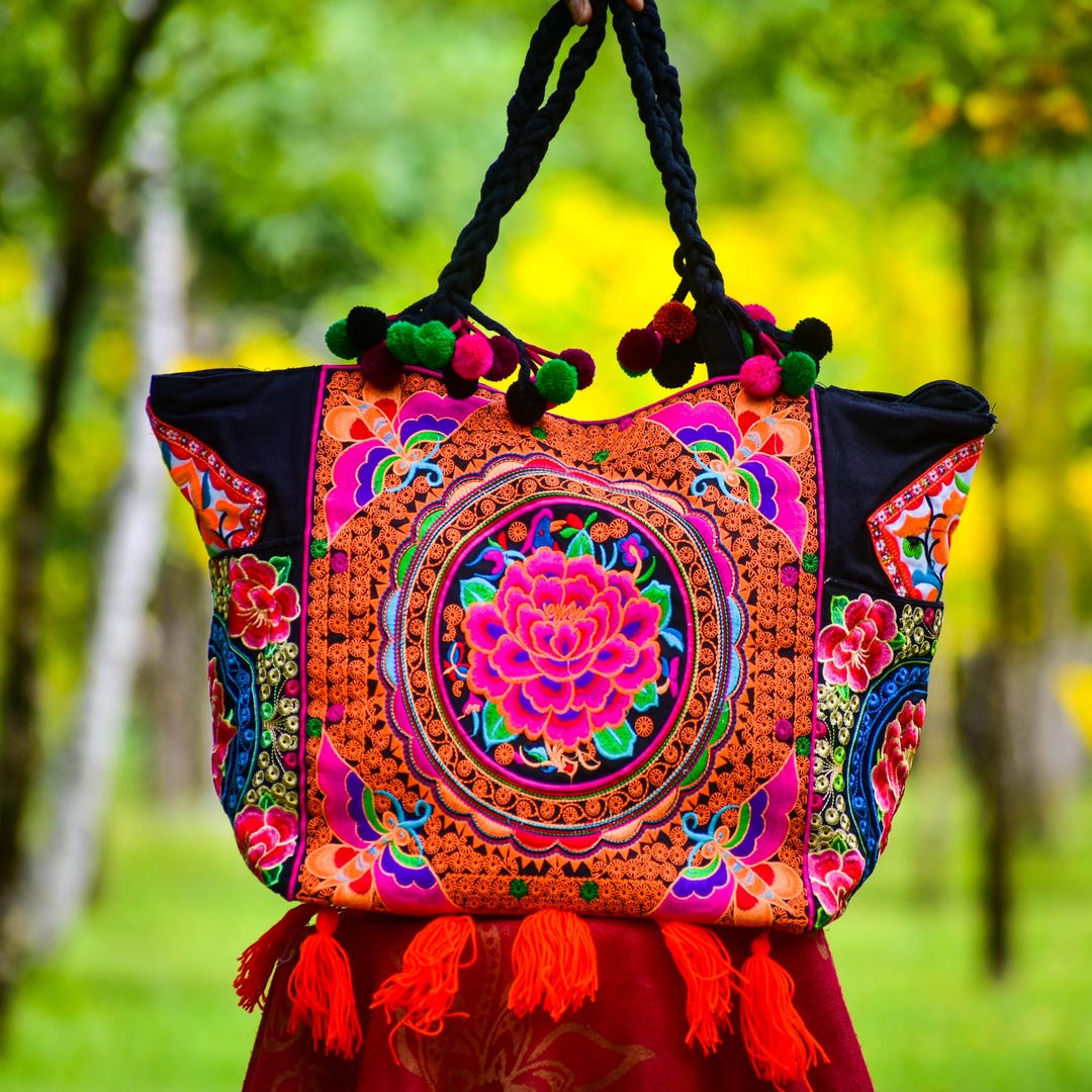 Embroidered Hmong Tote Bag: Orange Flowers, Tassels & Pom Poms - Etsy