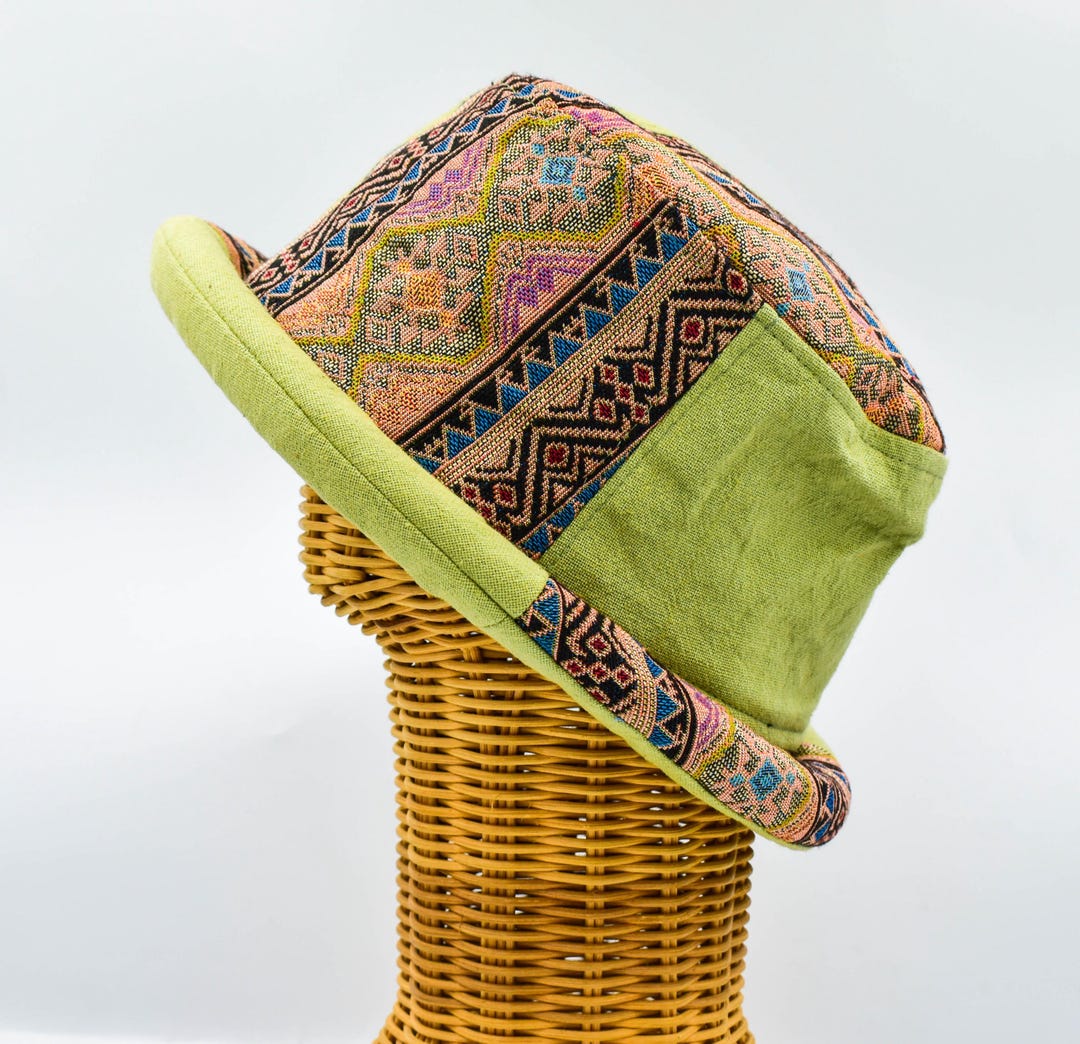 Roll Brim Hat, Green With Multi-colored Sections, Thai Hill Tribe ...