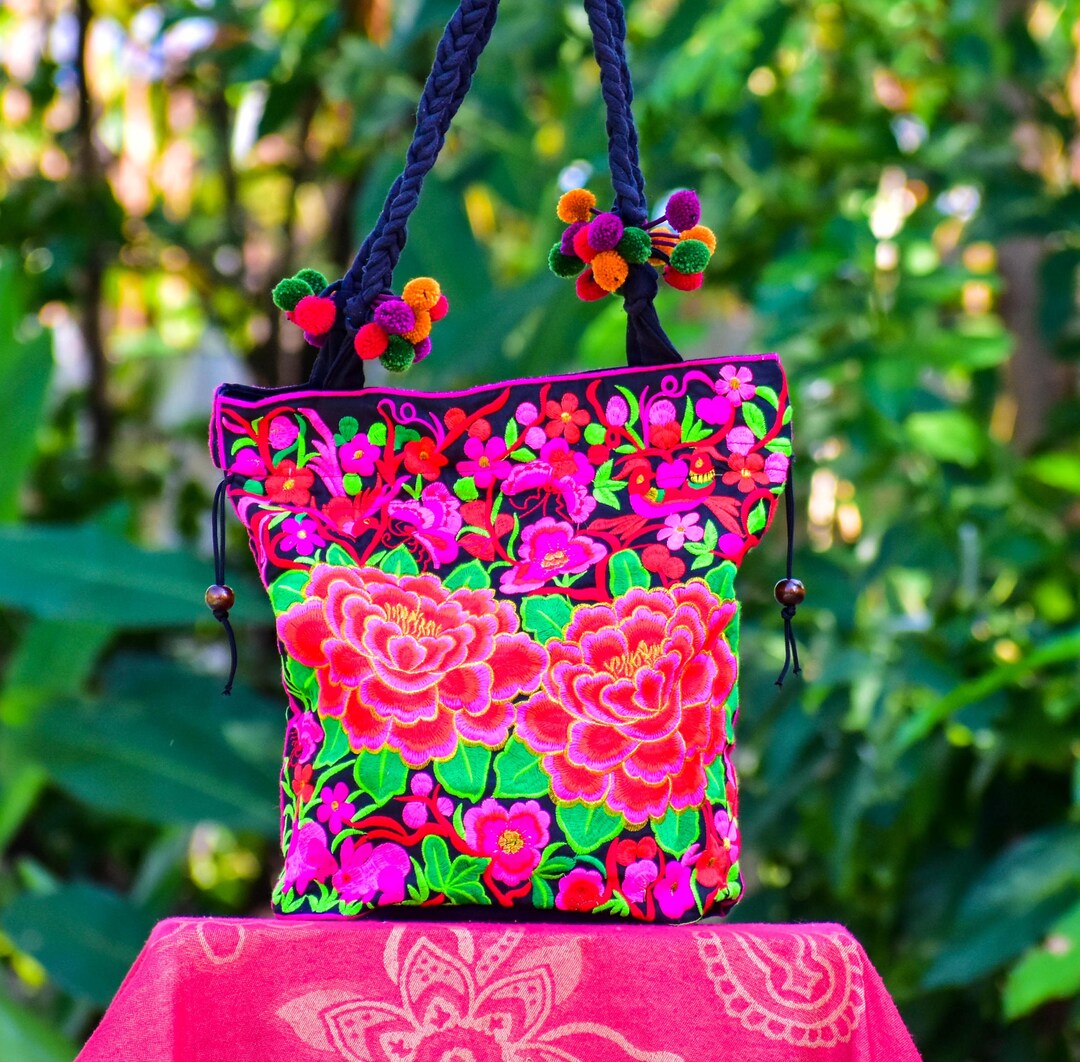 Shoulder Bag With Draw String, Thai Hmong Embroidered Fair Trade Bag ...