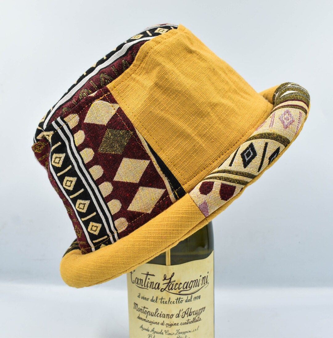 Roll Brim Hat With Aztec Patterns, Mustard With Multi-colored Sections ...