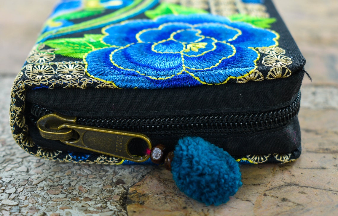 Blue Hmong Fabric Wallet Embroidery Flowers Hippie Wallet - Etsy