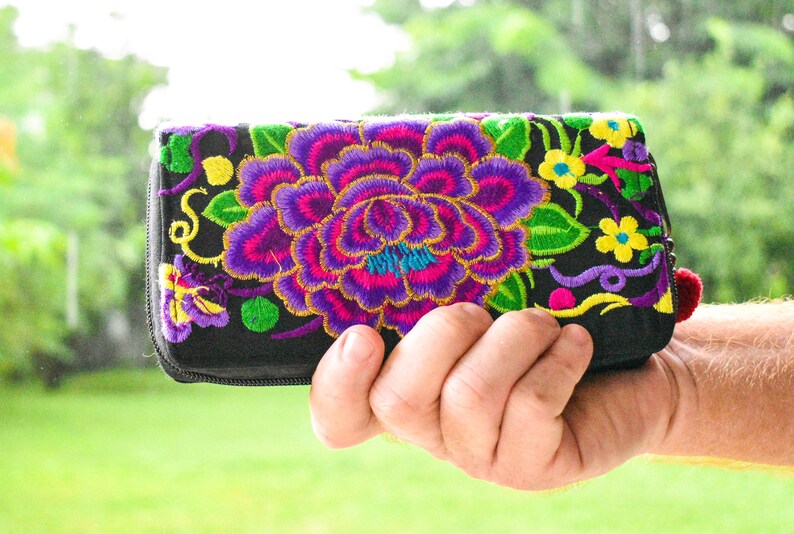 Floral fabric wallet purple embroidery Hippie Wallet | Etsy