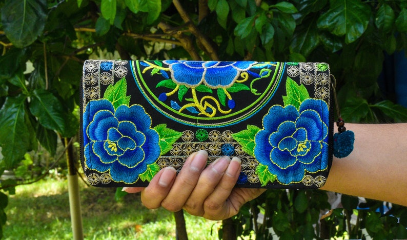 Blue Hmong Fabric Wallet Embroidery Flowers Hippie Wallet - Etsy