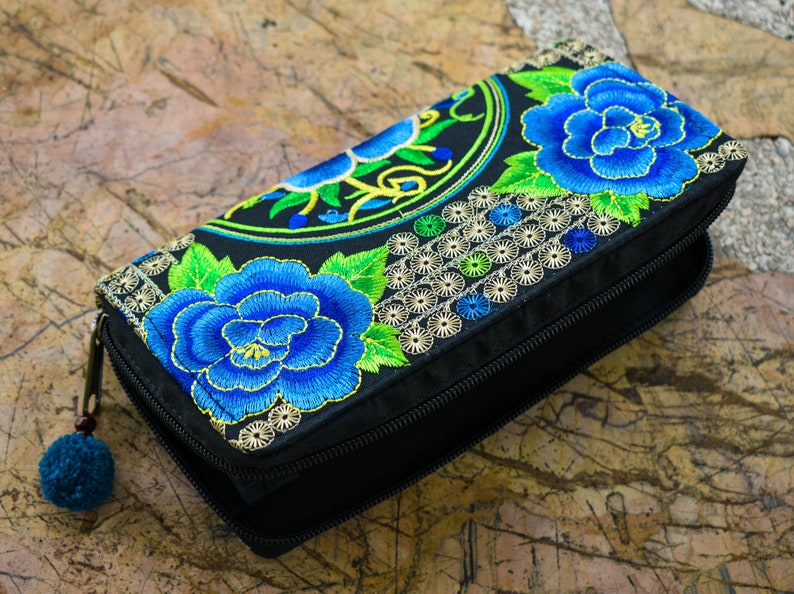 Blue Hmong Fabric Wallet Embroidery Flowers Hippie Wallet - Etsy