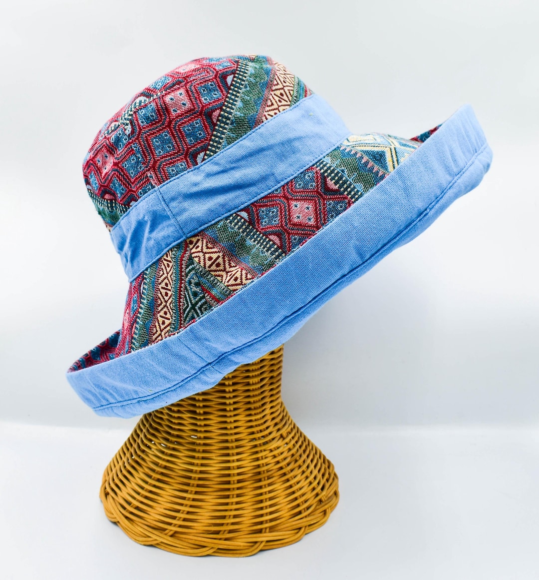 Extra Large Sun Hat, Reversible Hat, Blue With Aztec Pattern, Boho Hat ...