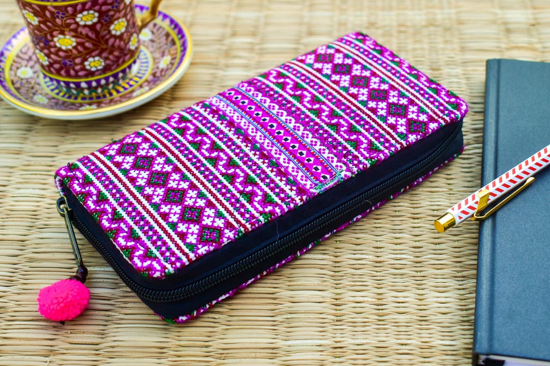 Woven Tribal Wallet: Handmade Purple Clutch Purse With Pom Pom - Etsy