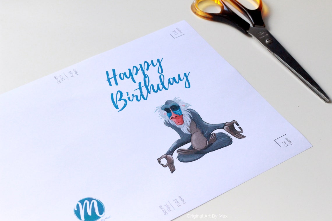 Baboon Birthday Card Printable Painted Cards | Etsy