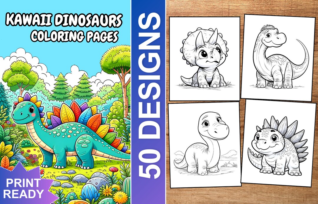 50 Kawaii Dinosaur Coloring Pages for Kids and Adults, Kawaii Coloring ...