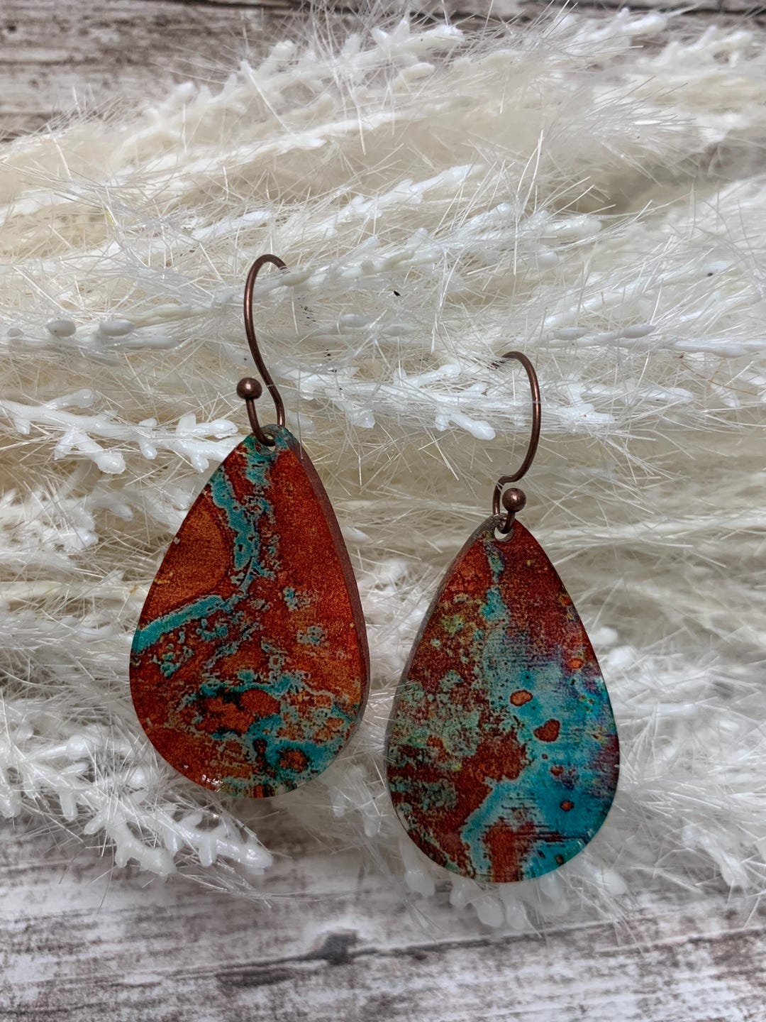 Copper Patina Look Teardrop Acrylic Earrings Rust and Green Colored - Etsy