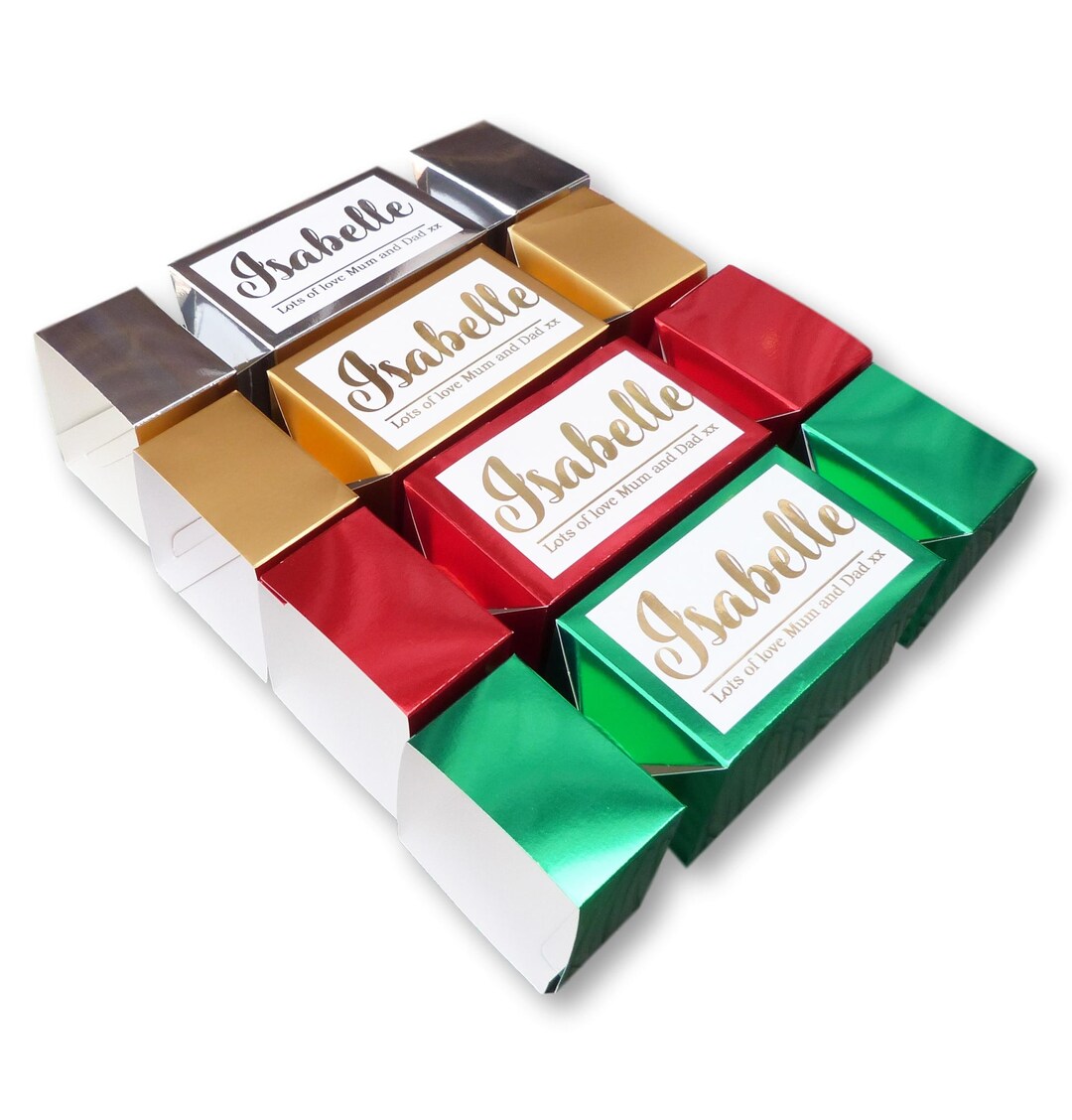 Personalised Christmas Cracker Gift Box Printed Name Message Gold Green ...
