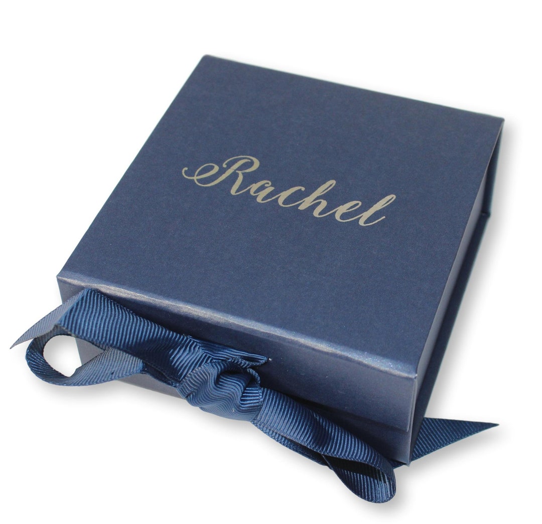 Personalised Navy Silver Foil Printed Gift Box With Ribbon and Magnetic ...