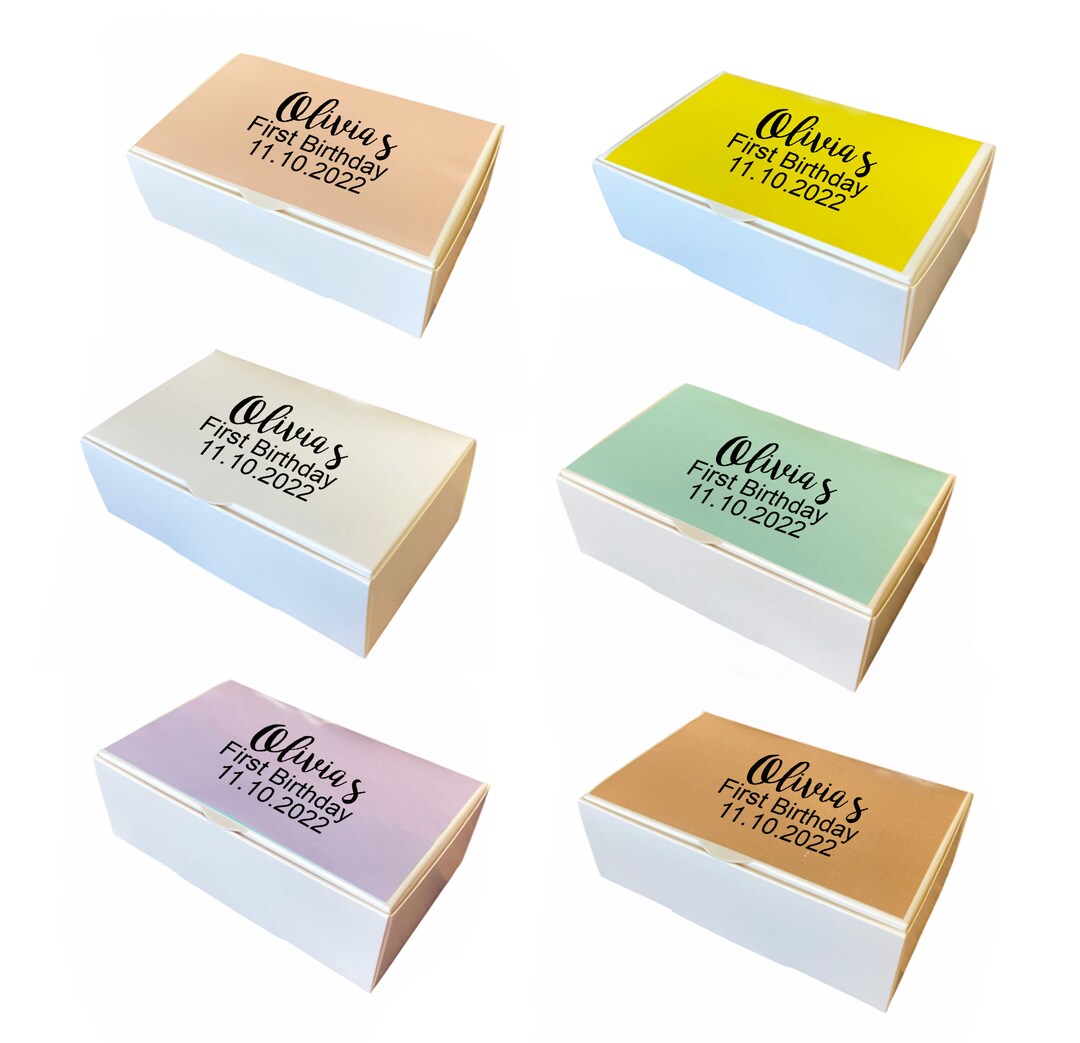 Personalised White Birthday Party Cake Boxes Slice Custom Name Labels ...