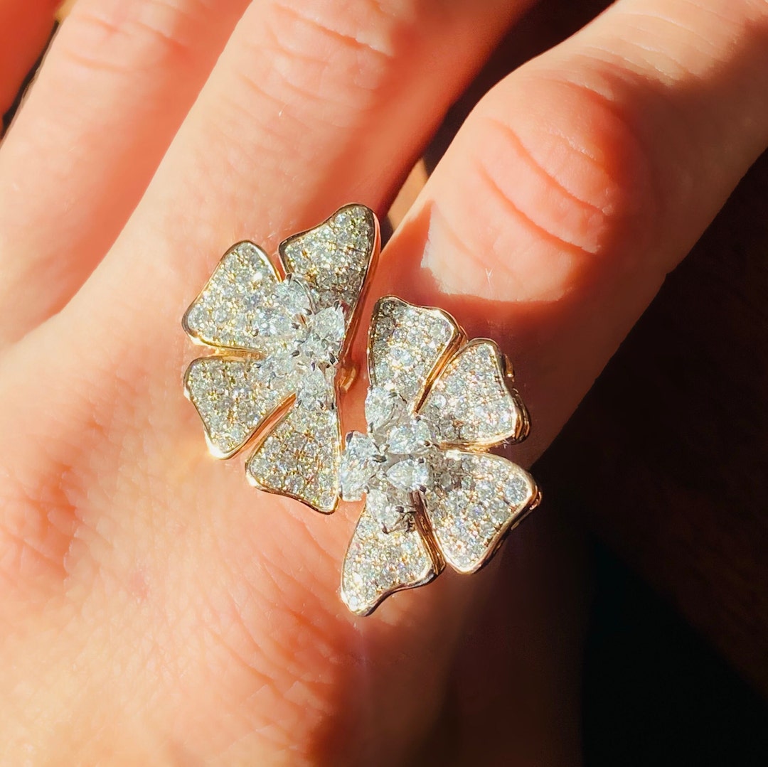 Flower Petal 18k Rose Bypass Diamond Ring - Etsy