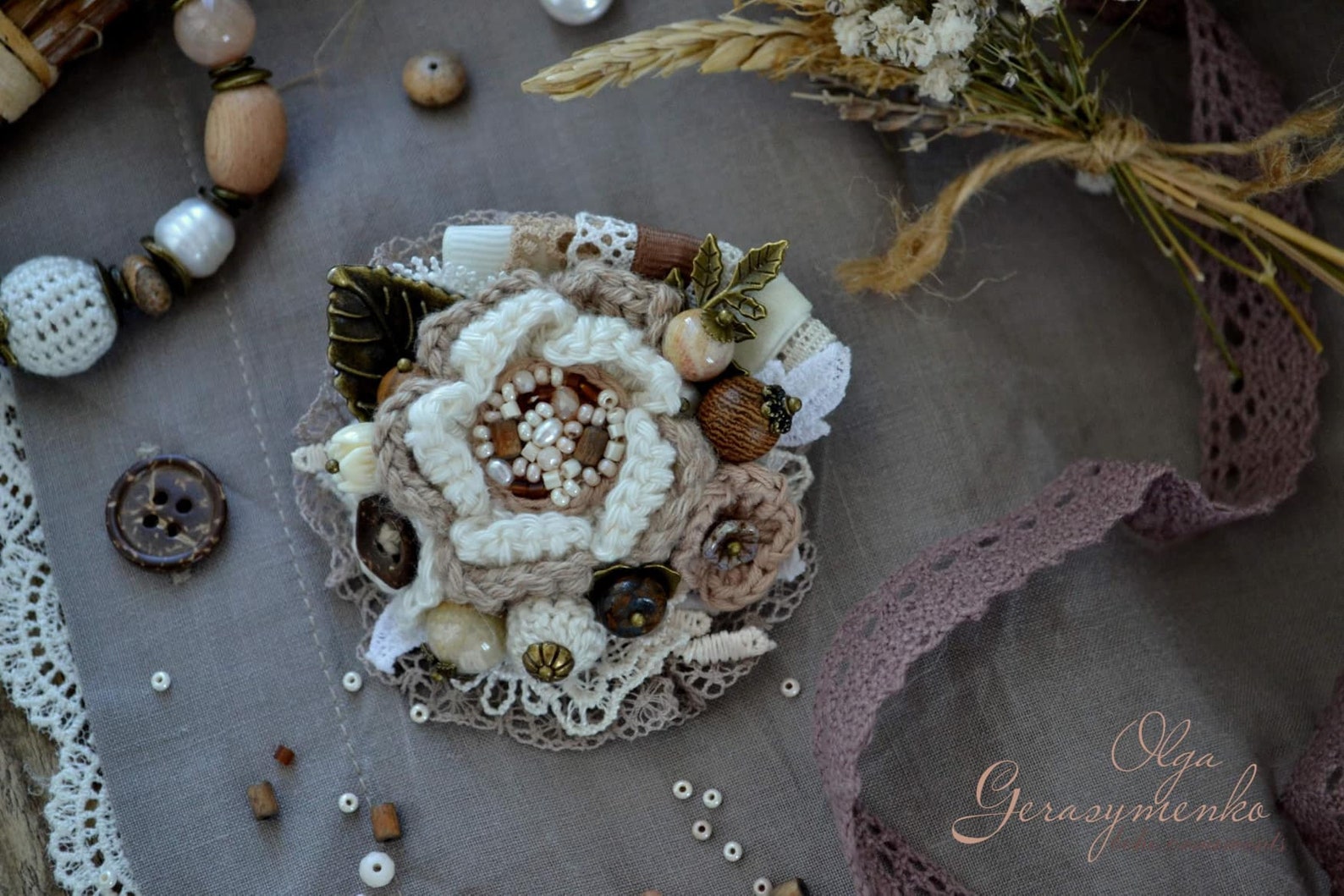 Small Brooch Woman Beige Flower Brooch Dress Bead Brooch | Etsy