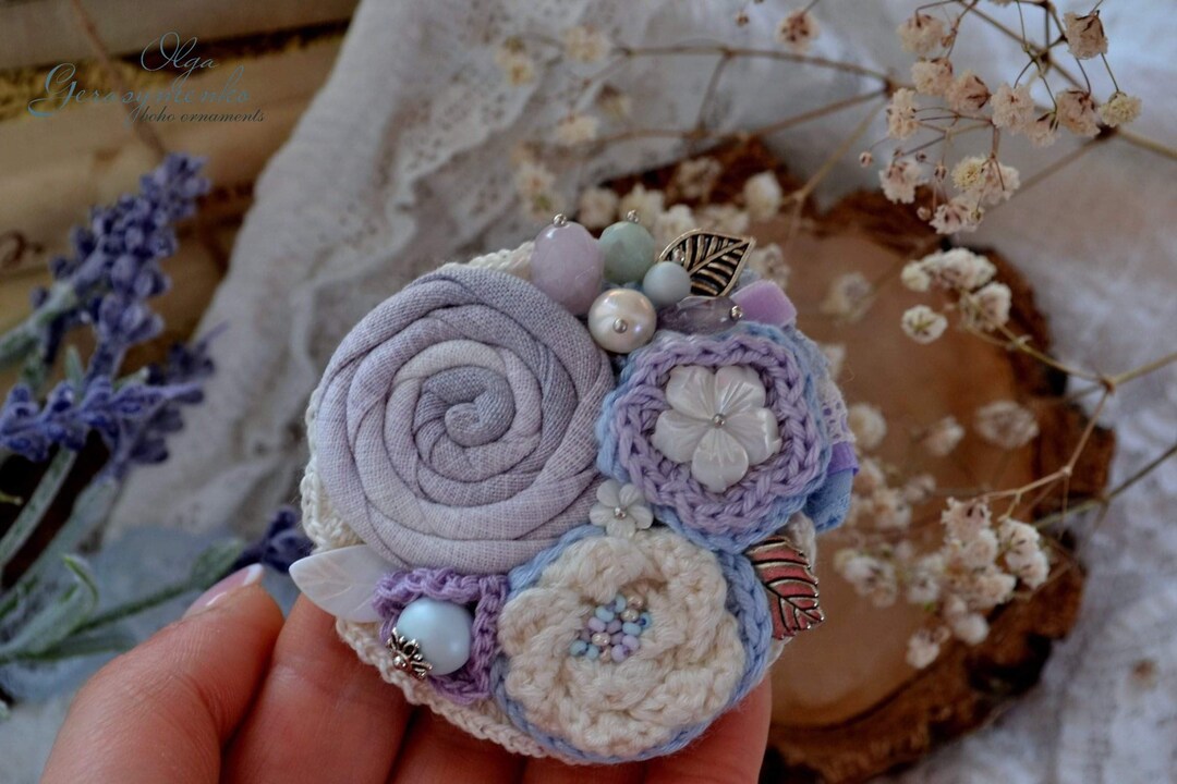 Small Brooch, Pastel Pin, Lilac Brooch, Crochet Floral Pin, Bead Flower ...
