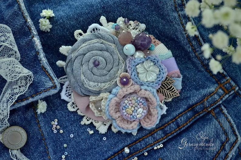 Denim Flower Pin Crochet Brooch Fabric Brooches Upcycled - Etsy