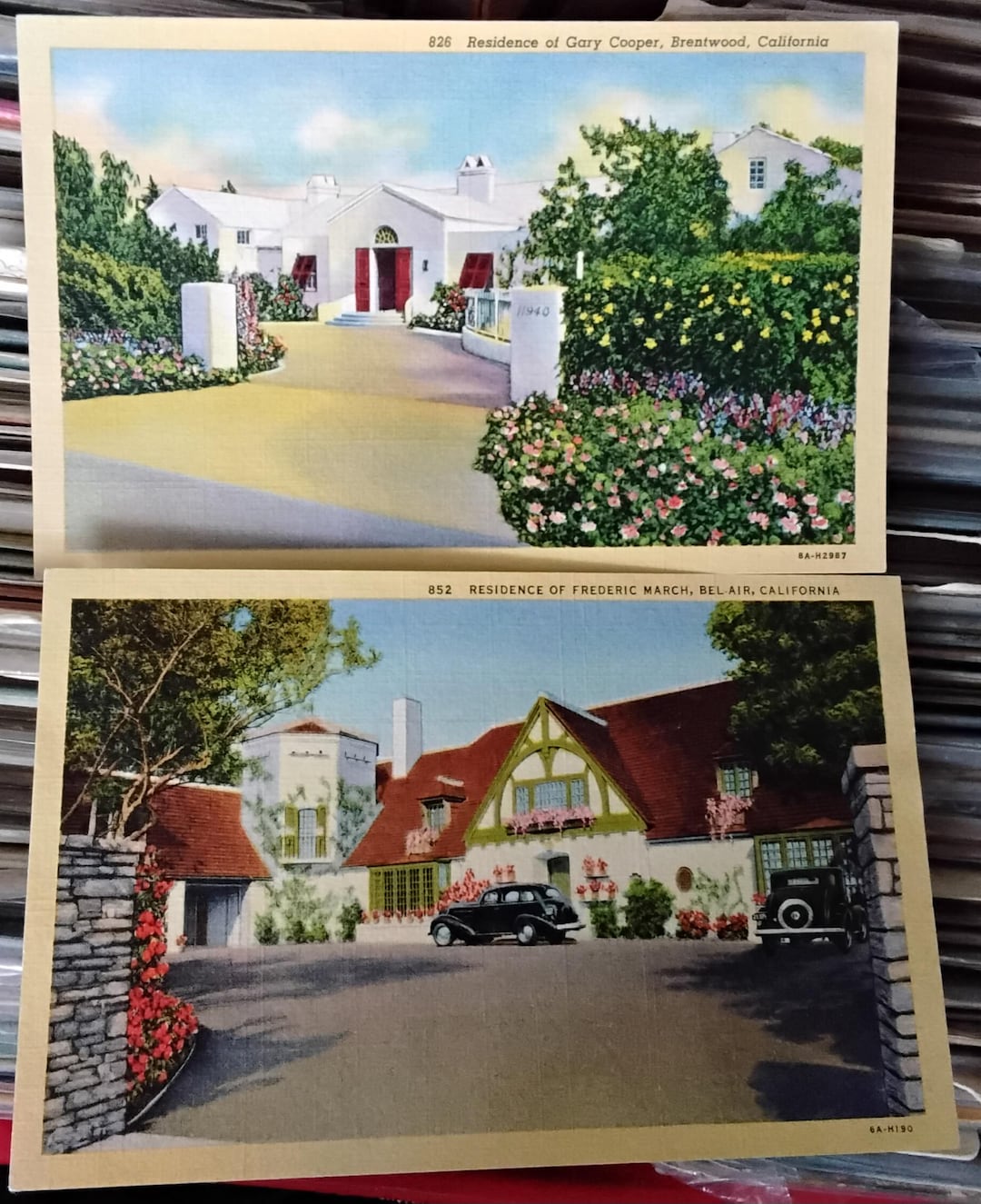Two Linen Post Cards Gary Cooper, Frederic March Homes Hollywood CA ...