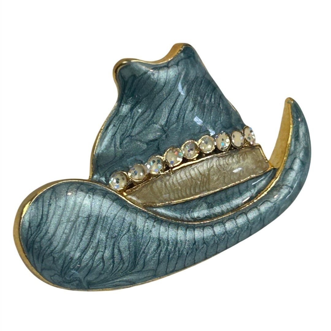 Vintage Cowboy Hat Brooch Gold Blue Rhinestones Western Style Retro Pin ...