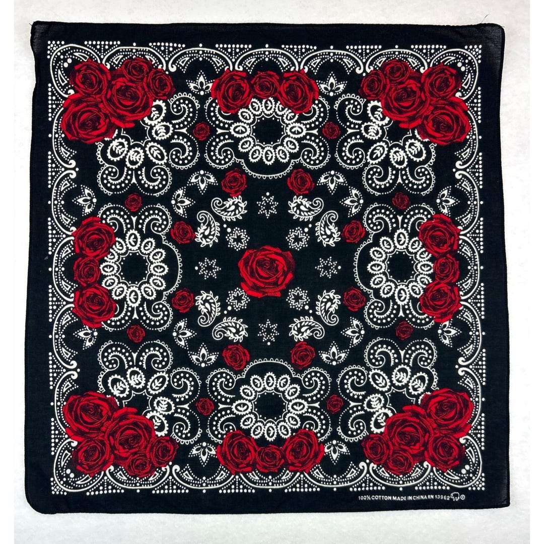 Vintage Black Bandana Red Roses White Paisley Rockabilly Cotton 22" X ...