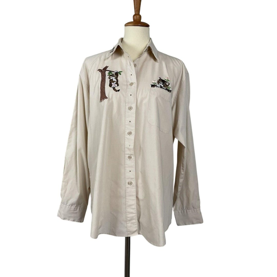 Las Olas Cat Button Down up Shirt Tan Collared Kitty Patch Womens Large ...