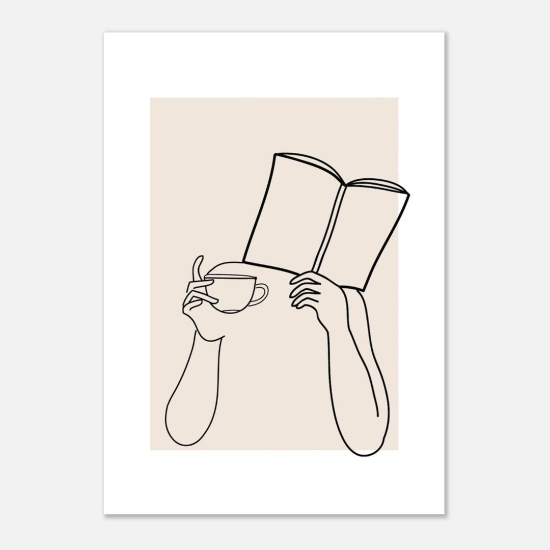 UNFRAMED Woman Reading Line Art Beige Wall Art Girl Reading Decor Book ...