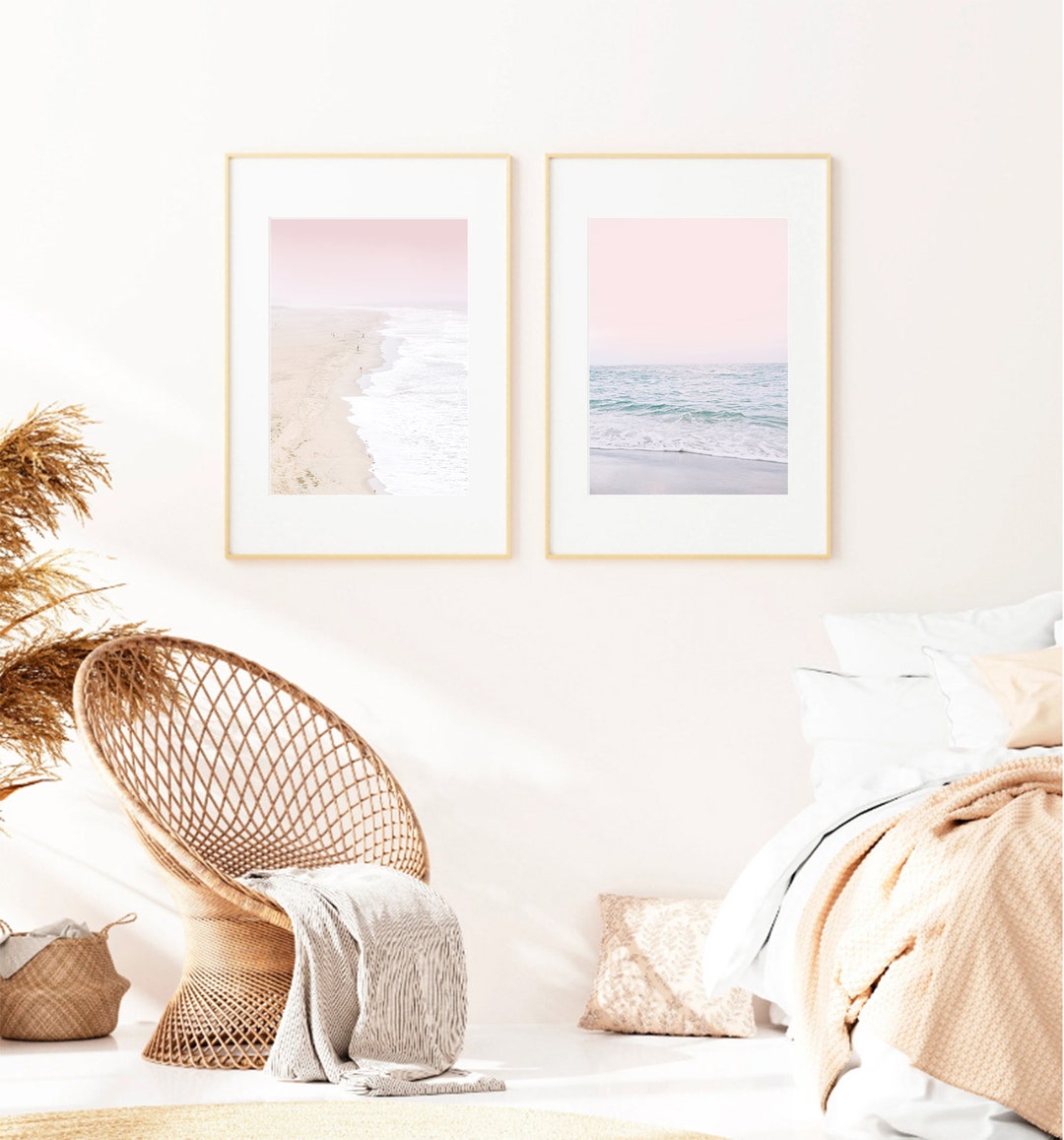 Set of 2 UNFRAMED Pink Beach Print Pastel Beach Print Pink Blue Beach ...