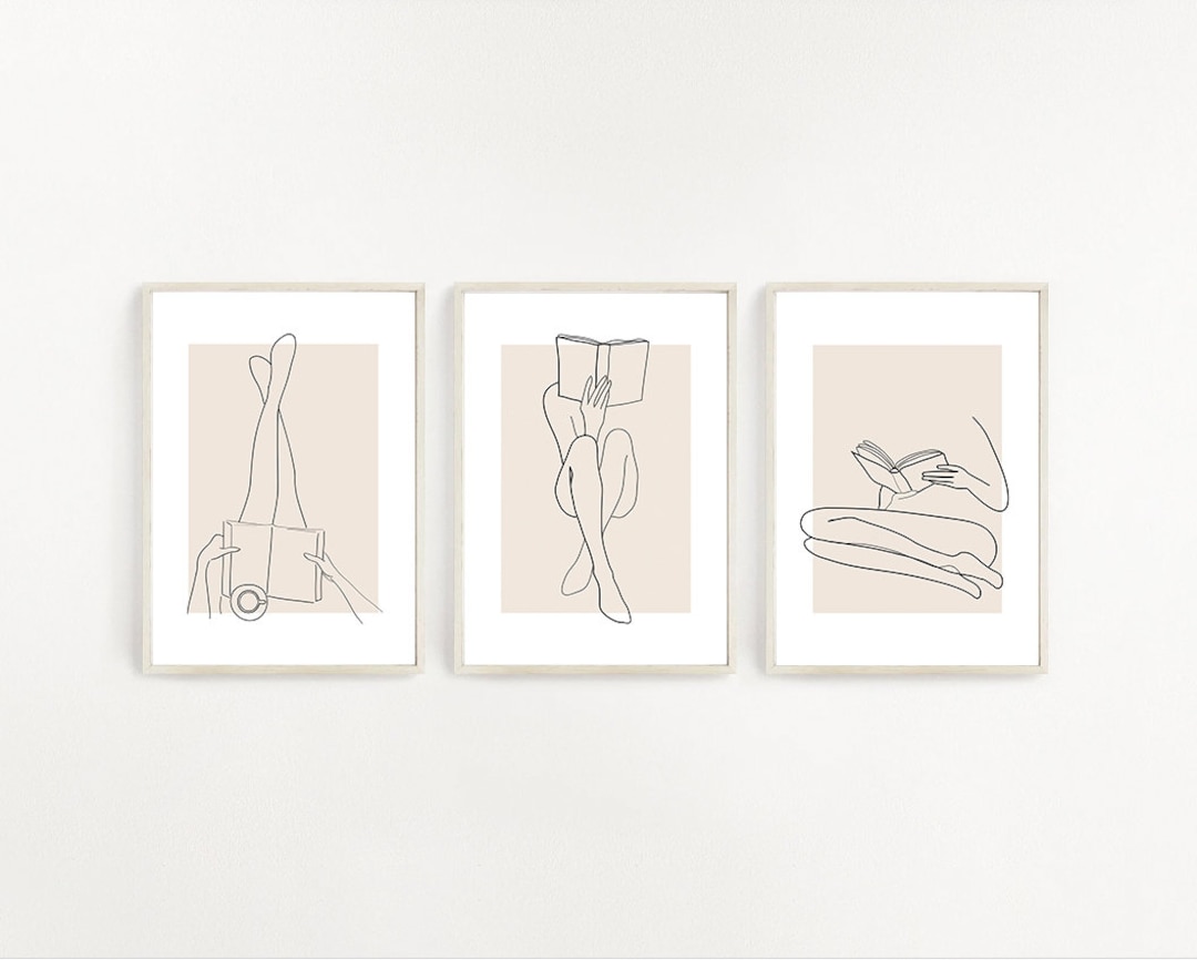 Set of 3 Woman Reading Line Art Beige Wall Art Girl Reading Decor Book ...